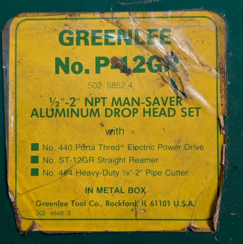 Greenlee Pipe Threader Set 1/2"-2" NPT Man-Saver Aluminum Drop Head Set ...