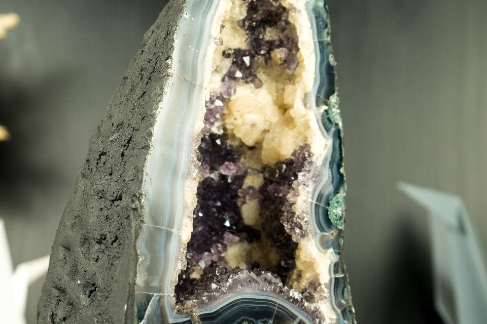 Small Amethyst Geode Cathedral with Blue Banded Agate and Calcite 8.1 ...
