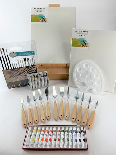 Deluxe 51 Piece ARTIST STARTER KIT Painting Set Acrylic Oil Brushes ...