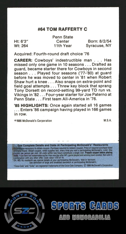 Tom Rafferty - 1986 McDonald's Dallas Cowboys Blue Tab | eBay