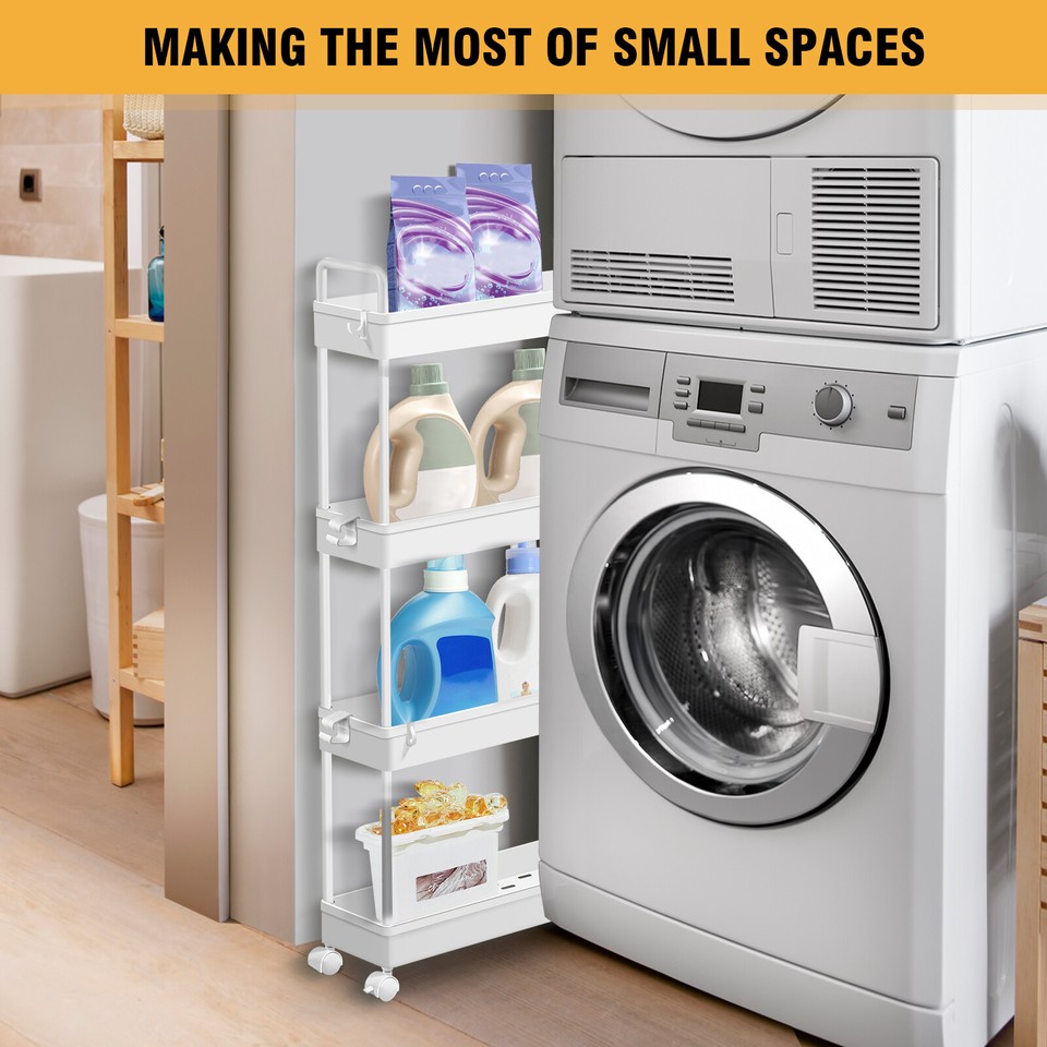 3/4 Tier Shelf Slim Storage Trolley Cart Castor Wheels Kitchen Storage ...