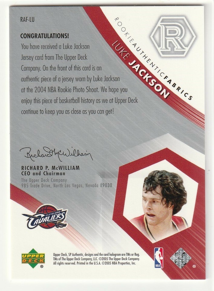 Luke Jackson 2004-05 Upper Deck Rookie SP Authentic Fabrics Cavaliers ...