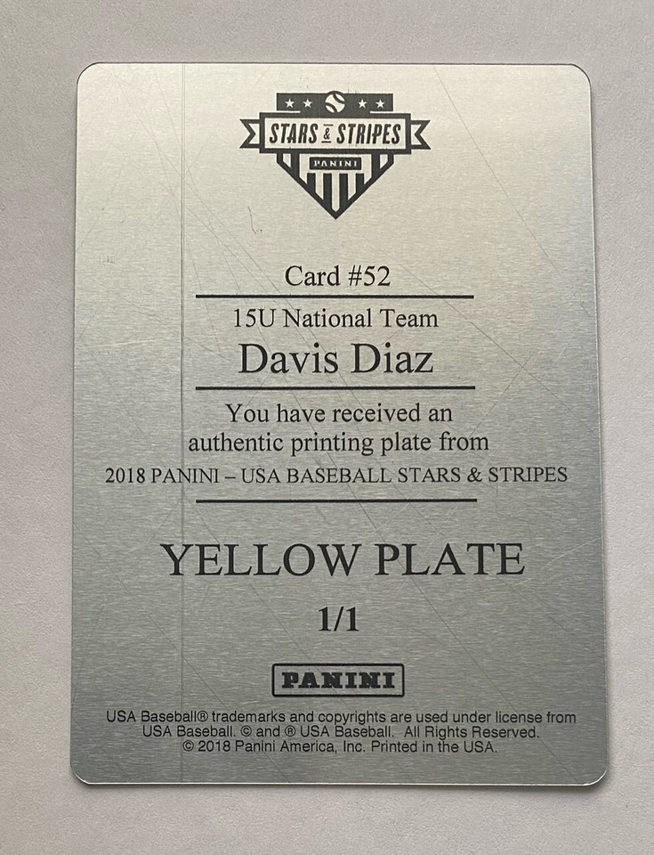 2018 USA Baseball Stars/Stripes #52 Davis Diaz Yellow Printing Plate 1/ ...