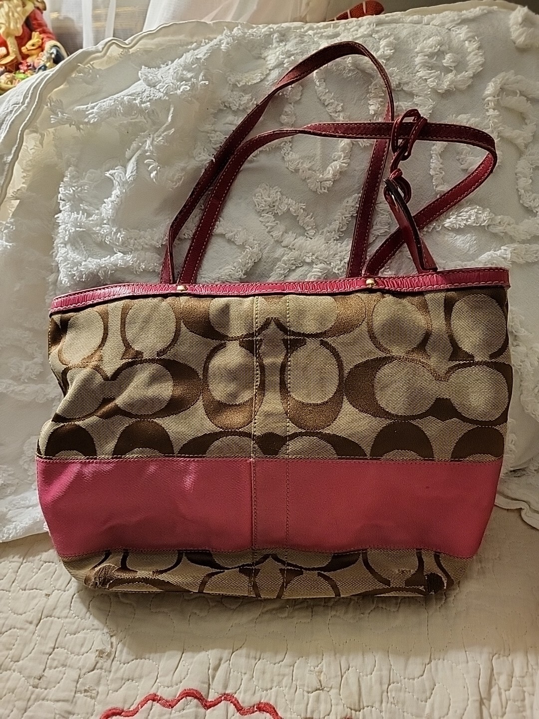 Coach Tan and Brown Signature Jacquard Pink Stripe Shoulder Bag Purse ...