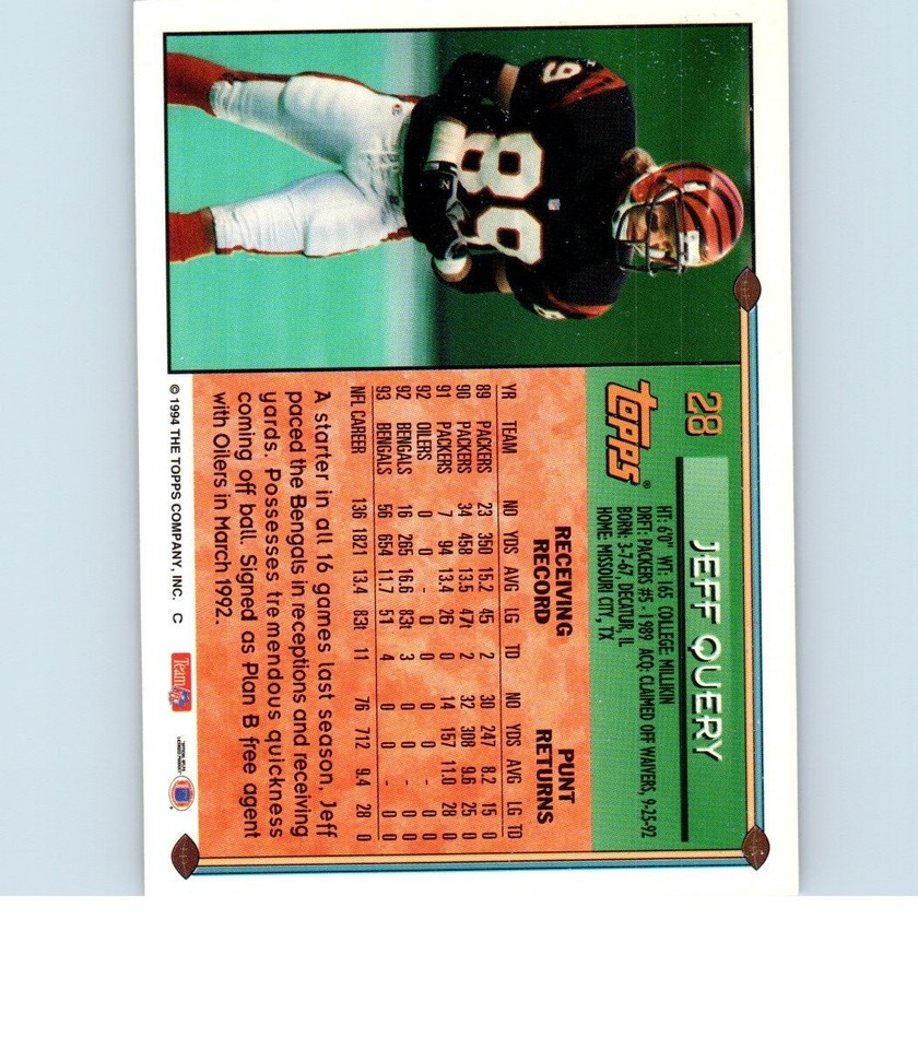 Jeff Query 28 Bengals 1994 Topps NFL Football Trading Card | eBay