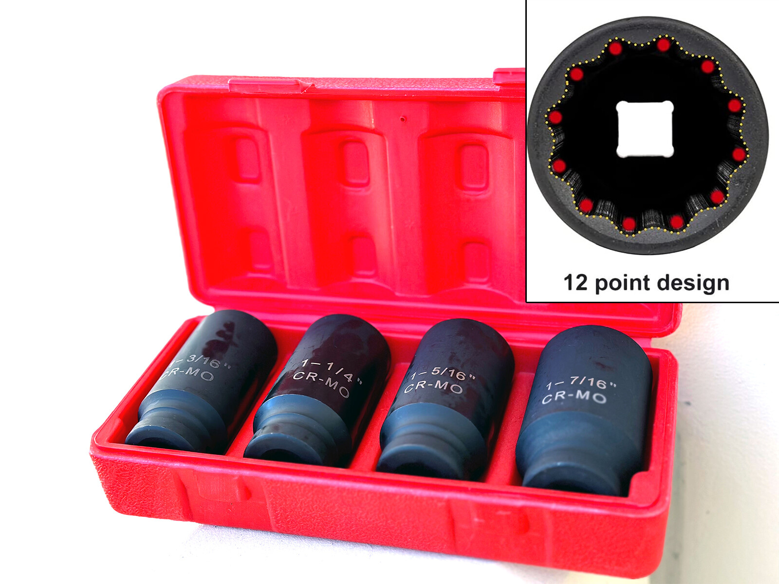 4pc SAE 1/2" Dr. 12 Point Spindle Axle Nut Impact Socket Set 90mm CR-MO ...