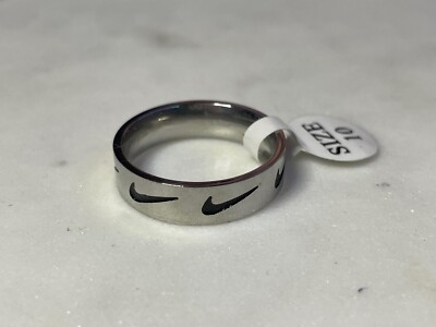 Nike Ring - Black Swoosh Pattern - Silver Ring Stainless Steel - Size ...