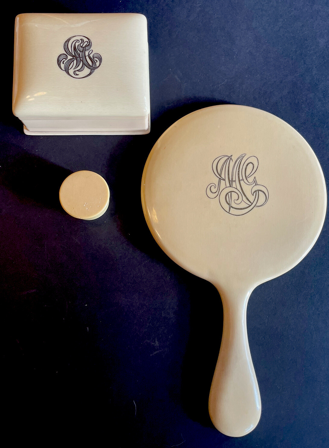 VTG Celluloid Dresser Set Monogrammed ~ 3 Pieces ~ Mirror, Brush, Screw ...