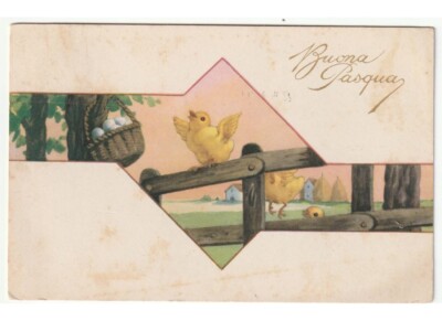1937 Chicks Easter Basket Eggs Fence Yard Vintage Postcard Happy Easter ...