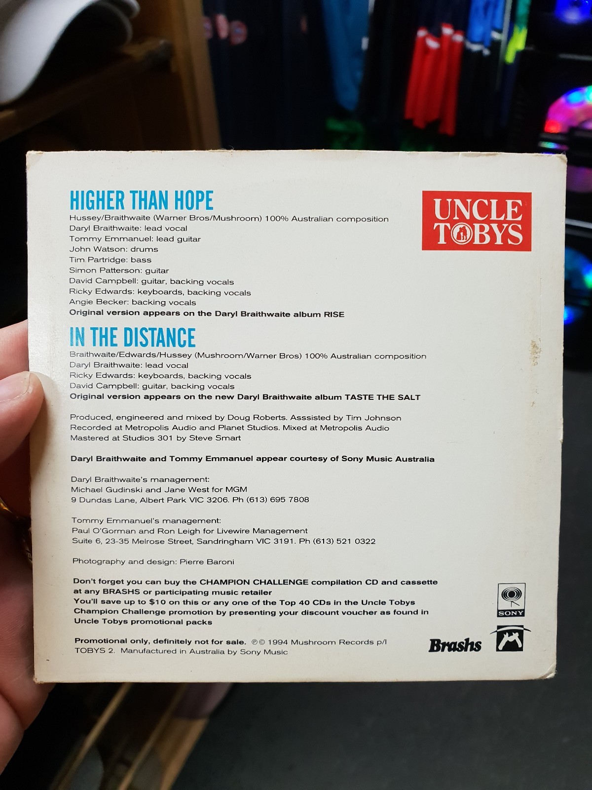 Daryl Braithwaite & Tommy Emmanuel Higher than Hope - MUSIC CD - FREE ...