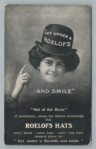 Roelofs Hats ~ Antique Bowler Hat Advertising Girl Postcard ...