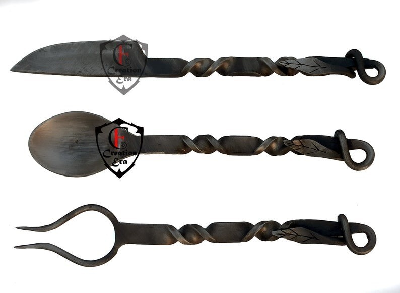 Medieval Cutlery Set Hand Forged Iron Spoon, Knife & Fork Viking Feast ...