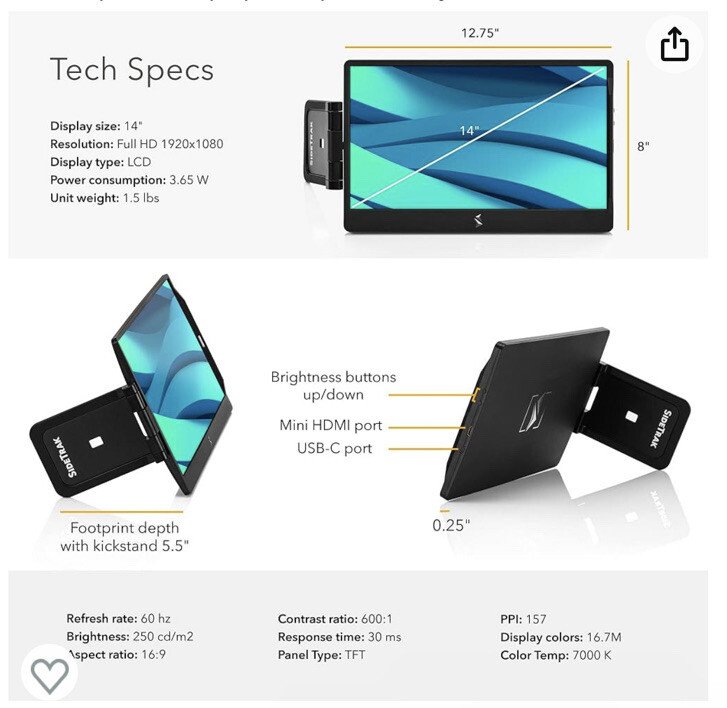 SideTrak Swivel 14 Attachable Portable Monitor For LaptopFHD TFT USB ...