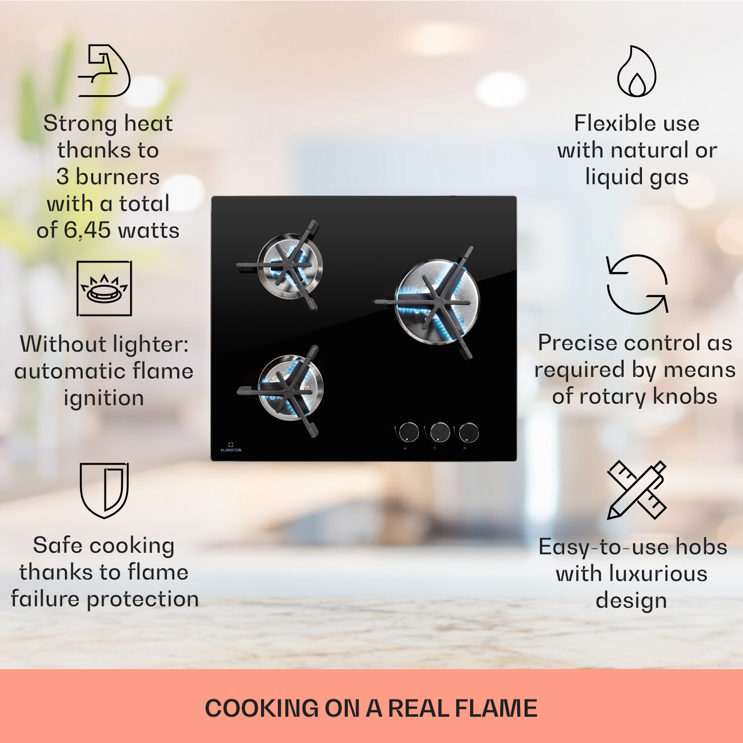 Gas Hob 60 cm 3 Burner Hot Plate Glass Ceramic Gas Cooker Gas Burner ...