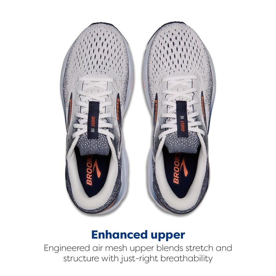 Brooks Men’s Ghost 16 Neutral Running Shoe - White/Peacoat/Orange - 12 ...