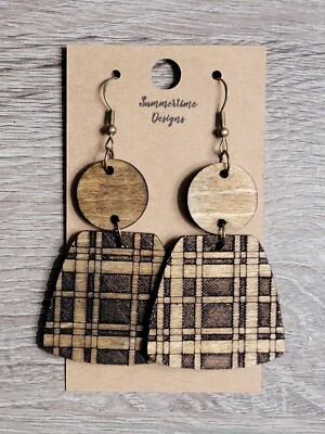 Hand Painted Laser Cut Wood Earrings Walnut Plaid 3" | eBay