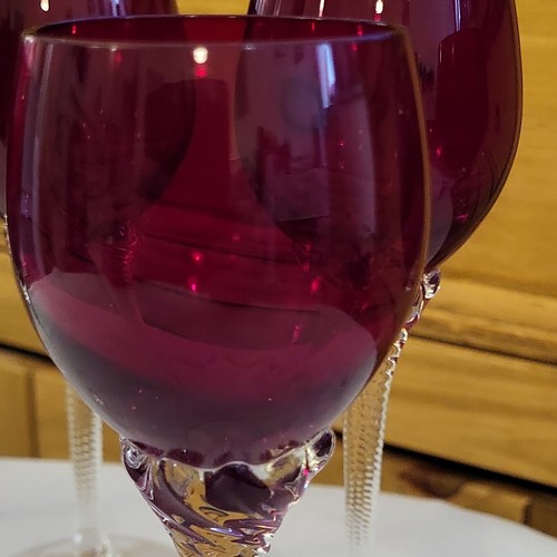 vintage French 6 x Ruby Red Wine and Sherry Glasses With Clear Twisted ...