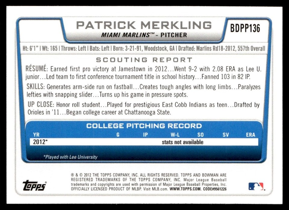 2013 Bowman Draft Prospects Patrick Merkling Miami Marlins #BDPP136 | eBay