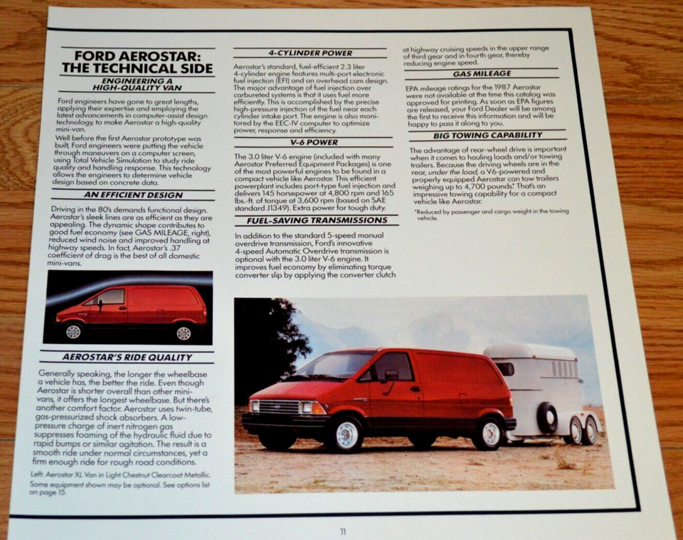 1987 Ford Aerostar Technical Side Original Dealer Advertisement Print ...