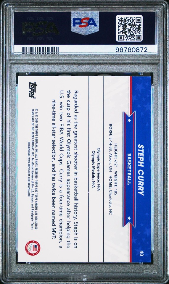 2024 Topps Chrome US Olympic Steph Stephen Curry Flag /76 PSA 10 #40 ...