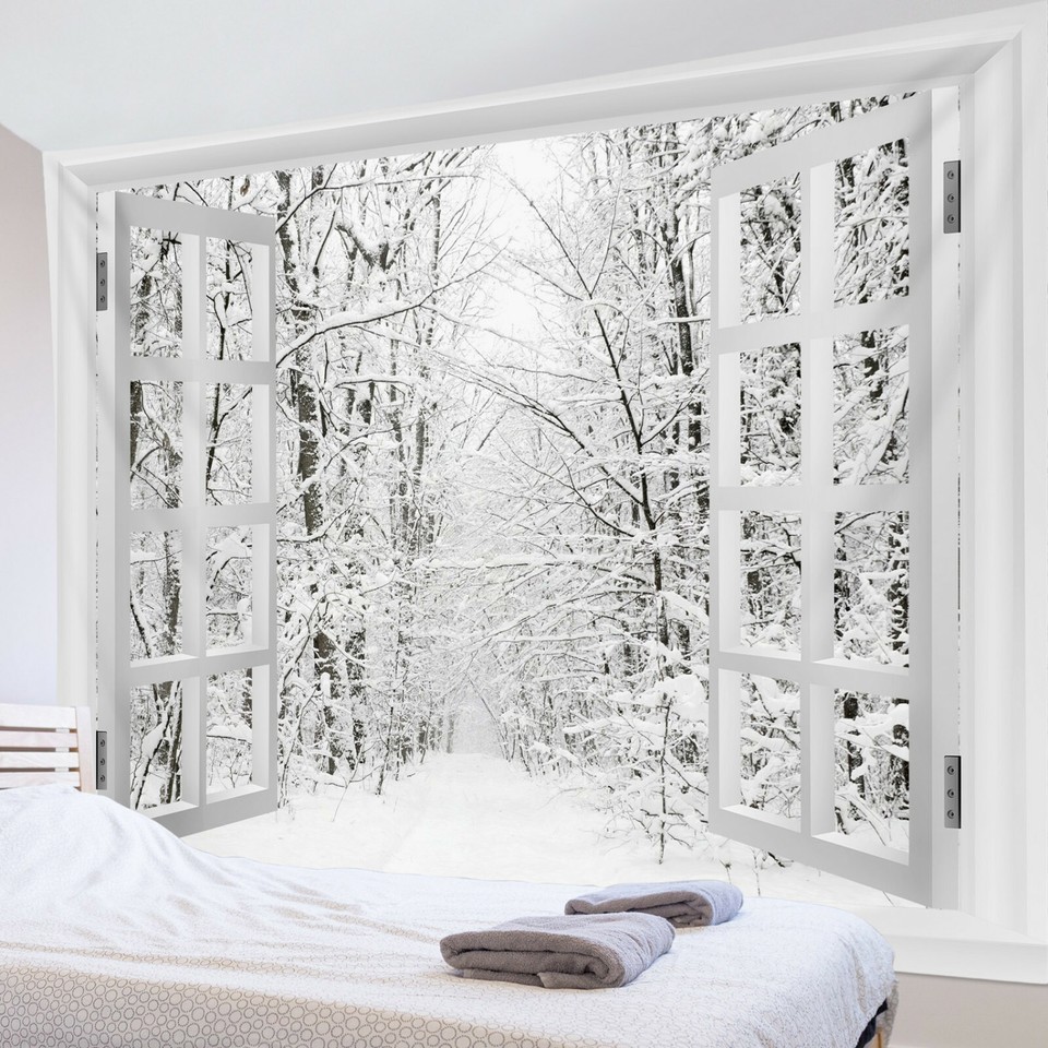 Winter White Forest Snow Scene Window Tapestry Wall Hanging Living Room ...