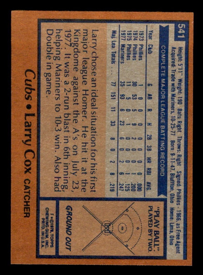 1978 Topps Baseball #541 Larry Cox EX/MT *d2 | eBay