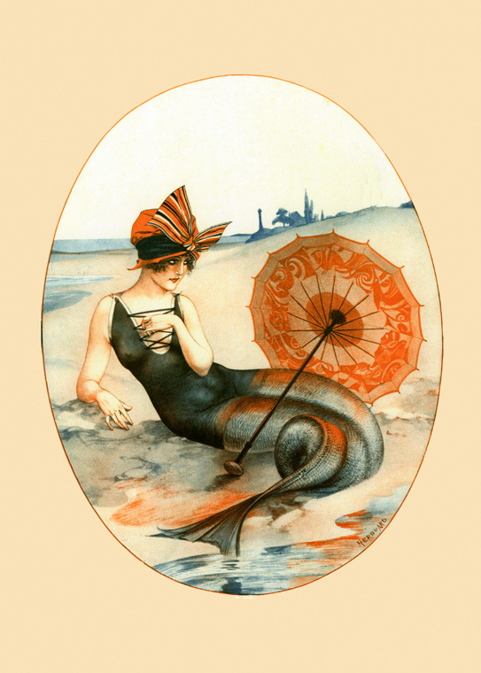 Fashion Mermaid Siren Beach with Umbrella Creature Vintage Poster Repro ...