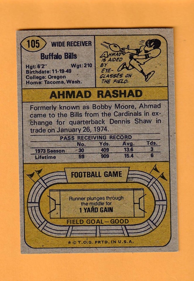 Ahmad Rashad Buffalo Bills 1974 Topps #105 RC Rookie Oregon Ducks 1E | eBay