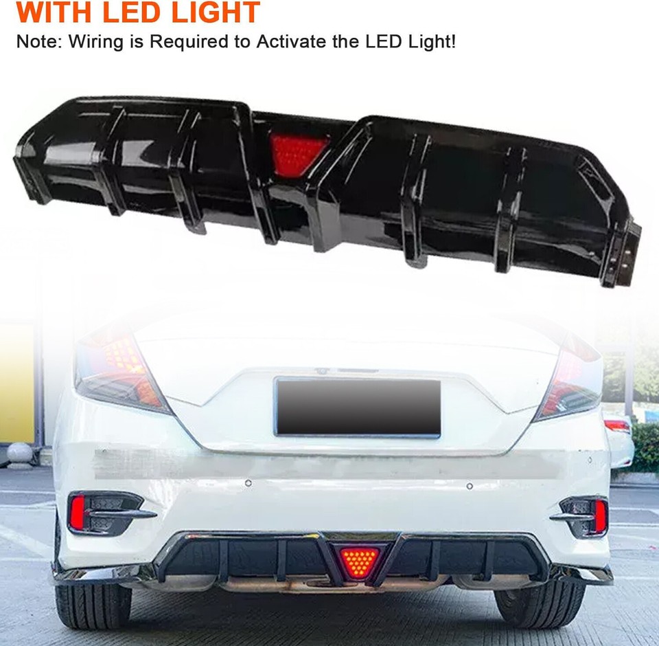 For 2016-2022 Honda Civic 4Dr Sedan Glossy Black Rear Bumper Diffuser ...