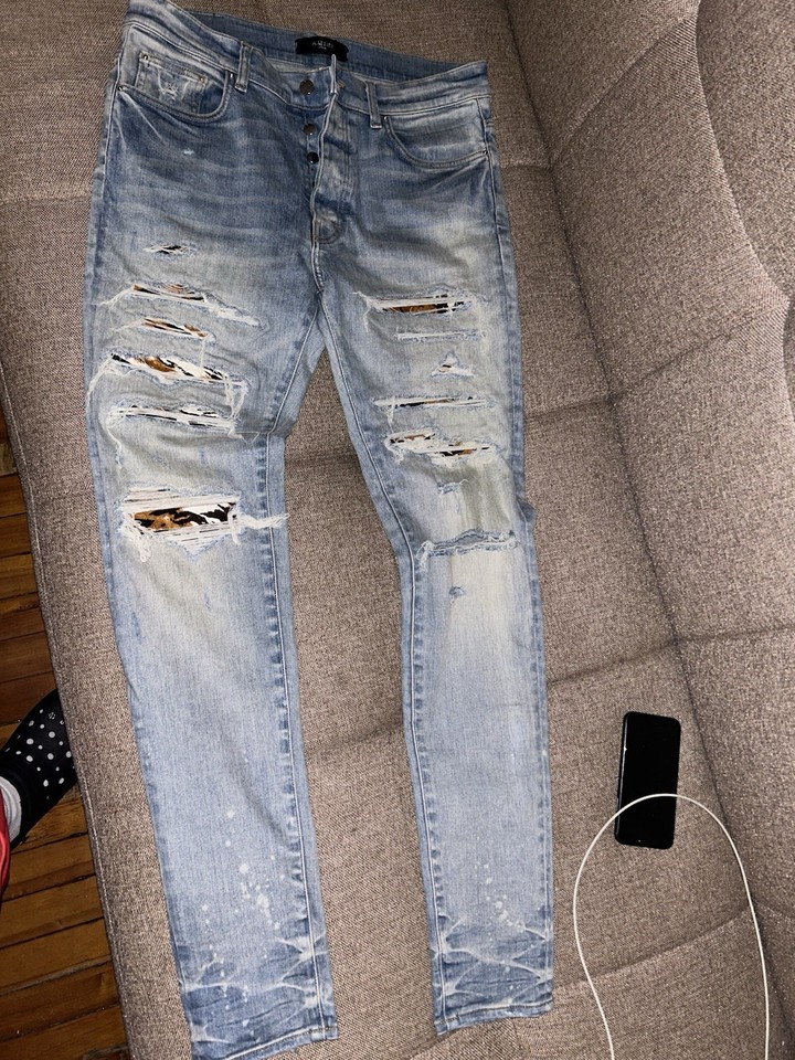 AMIRI MEN'S CLAY INDIGO LEOPARD THRASHER JEANS SIZE 34 NWT | eBay