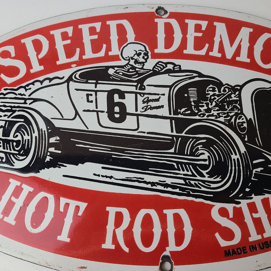 Vintage Hot Rod Shop Sign - Speed Demon Gasoline Service Pump Porcelain ...