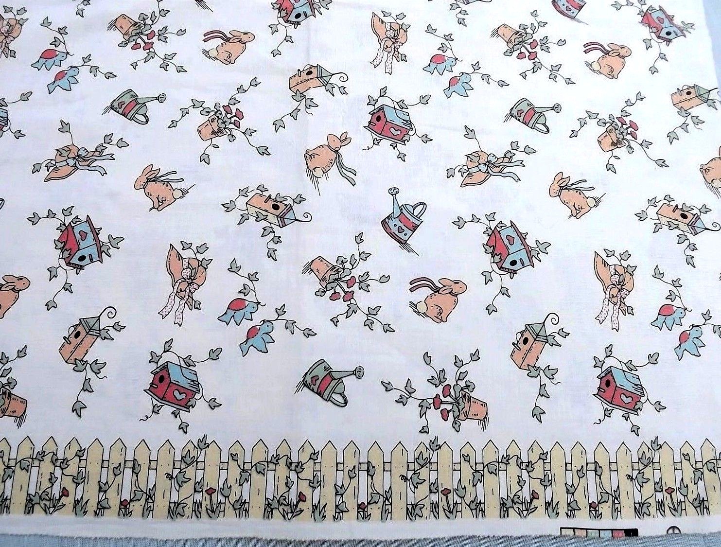 Fabric Picket Fence Double Border Print Birdhouses Rabbits Hats Yardage ...