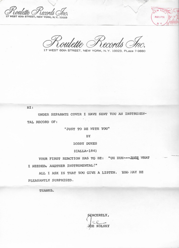 Bobby Dukes Just To Be With You Calla 184 Roulette Records Promo Radio ...