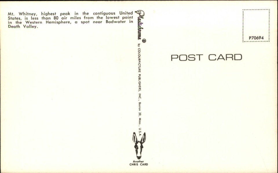 Mt Whitney to Badwater ~ highest to lowest in US ~ map ~ 1950s postcard ...
