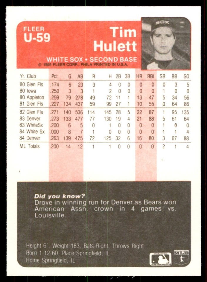 1985 Fleer Update Tim Hulett . Chicago White Sox #U-59 | eBay