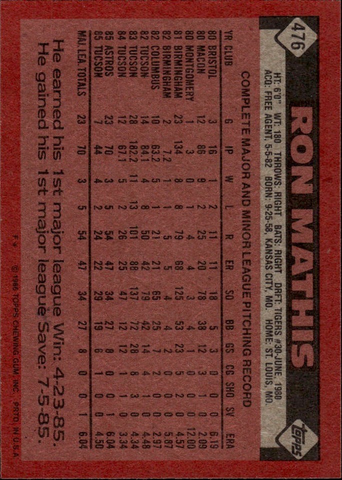 1986 Topps #476 Ron Mathis Houston Astros Rookie | eBay