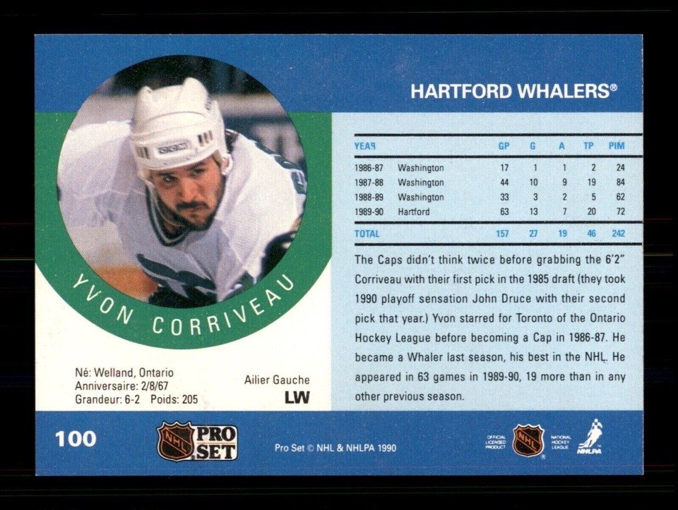 1990 Yvon Corriveau 20 Whalers 100 Pro Set Hockey Sports Trading Card ...