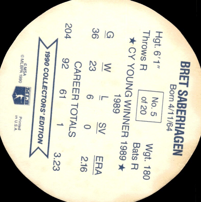 1990 Holsum Bread Superstars Discs Bret Saberhagen Kansas City Royals ...