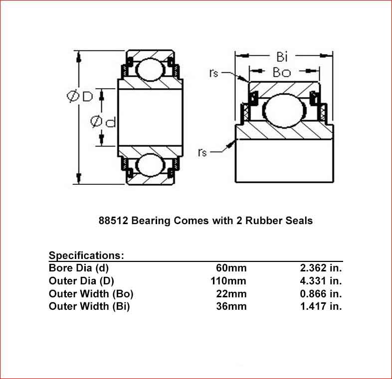 Bearing 88512 - Center Support Bearing 6212-2RS with Extended Inner ...