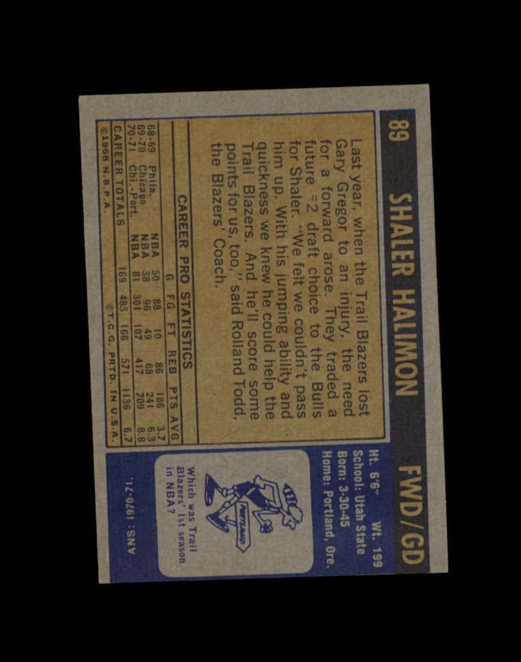 1971 Topps Basketball #089 Shaler Halimon STARX 5 EX (LS804953) | eBay