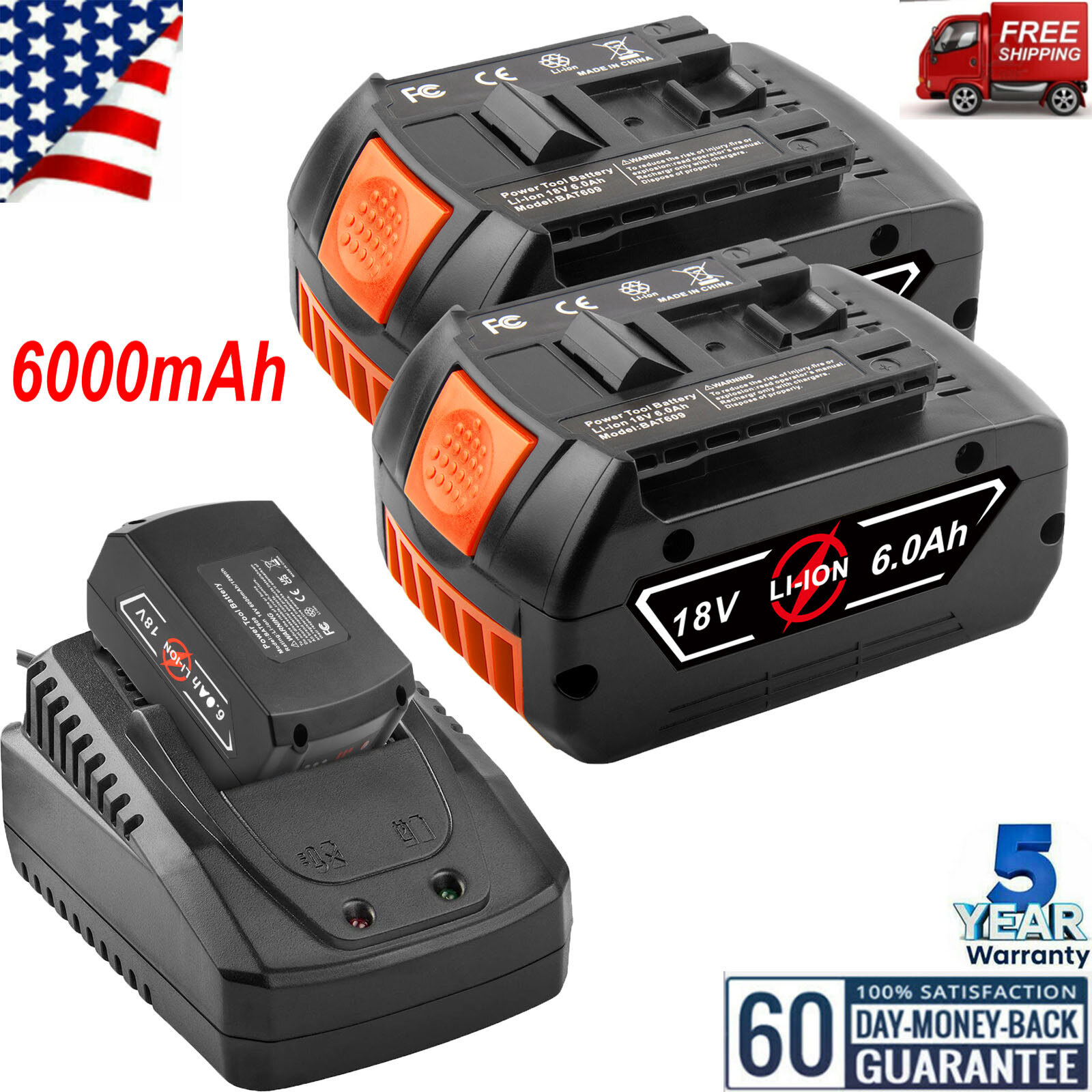 18V 6.0Ah For Bosch Li-ion Battery Charger BAT609 BAT610 BAT618 BAT611 ...
