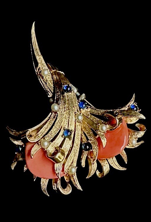 MARCEL BOUCHER RARE Double Cornucopia Pin Coral Sapph… - Gem