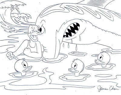 DUCK TALES DONALD DUCK & SHARK ORIGINAL COMIC ART BLACK INK SKETCH ON ...