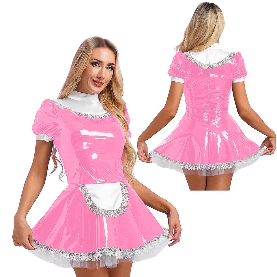 Women Maid Costume Back Zipper Dress Metallic Uniform Ruffled Dresses ...