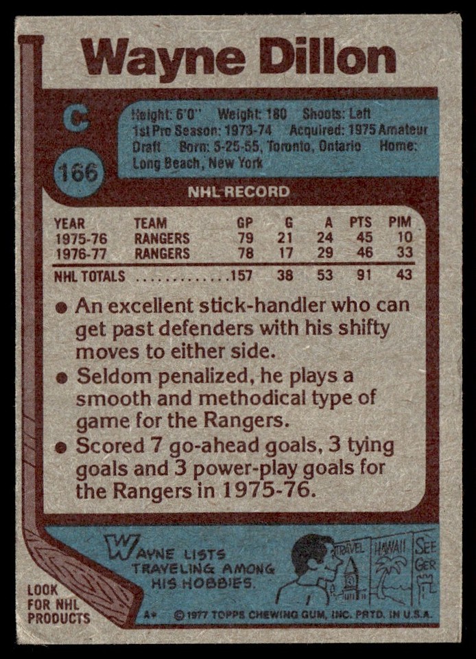 1977-78 Topps Wayne Dillon New York Rangers #166 | eBay