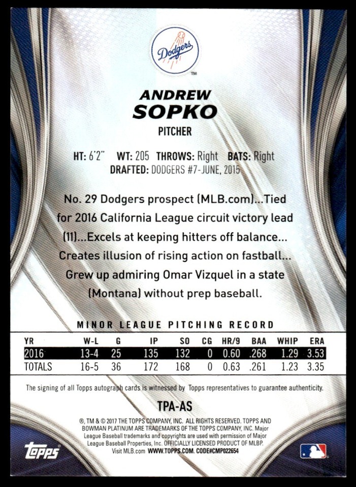 2017 Bowman Platinum Prospect Autograph Andrew Sopko Auto Los Angeles ...