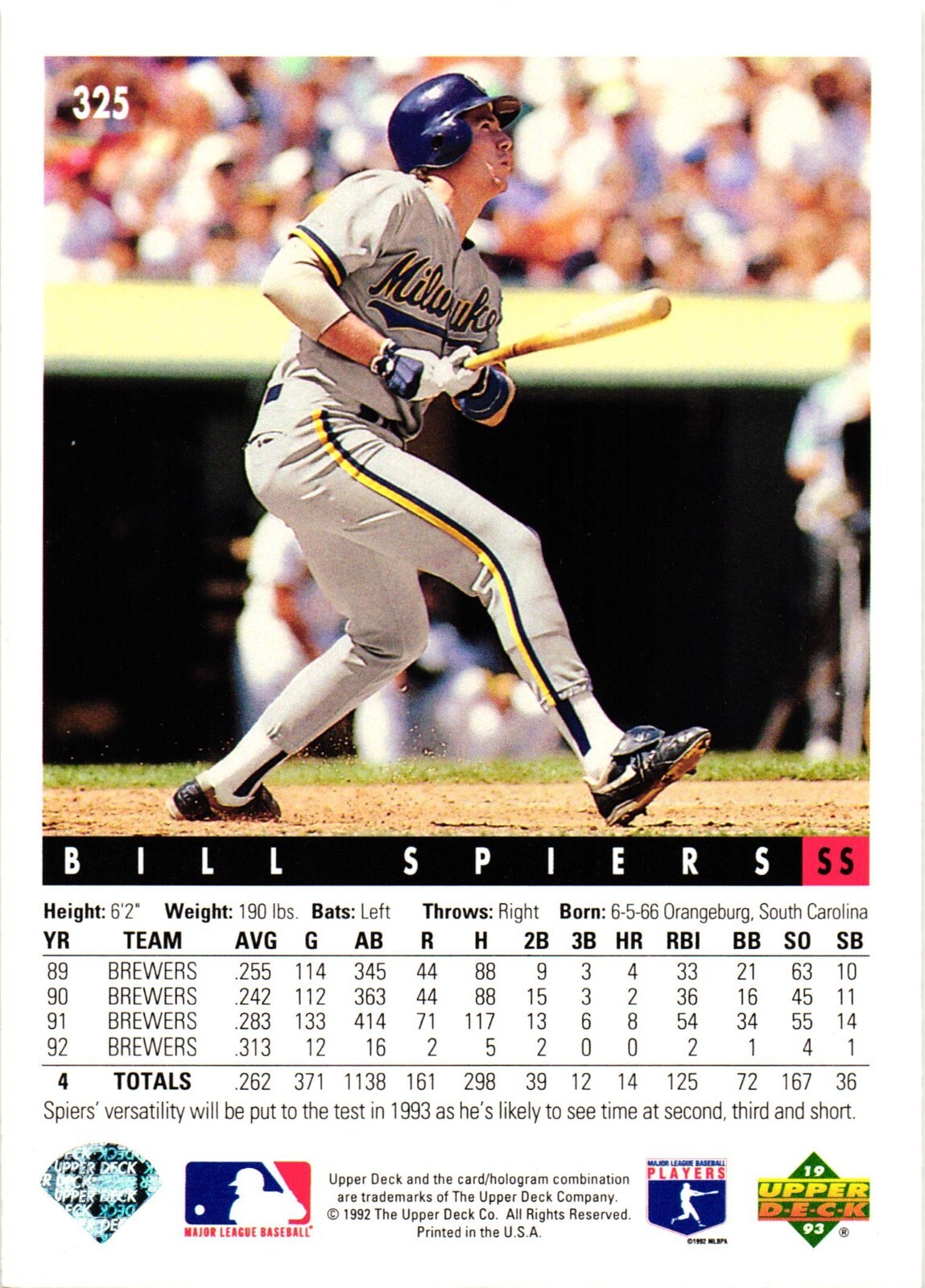 1993 Upper Deck Milwaukee Brewers Baseball Card #325 Bill Spiers | eBay