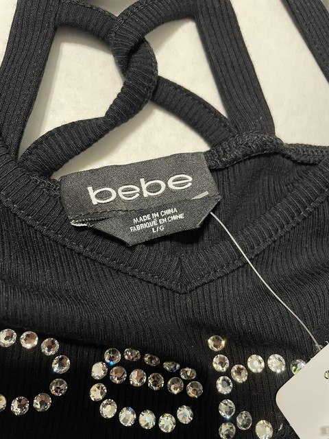 Bebe Ribbed Rhinestone Bling Logo Tank Top Stretchy Jet Black Size ...