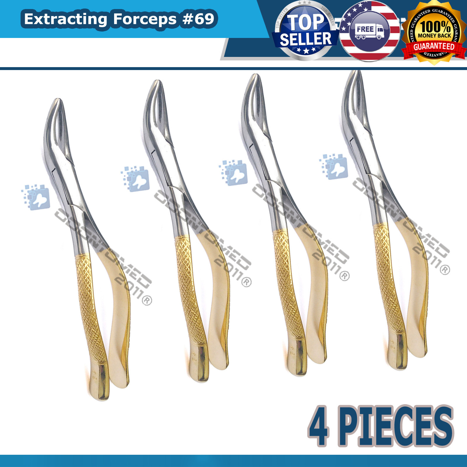 4 PCS Extracting Forceps #69 Gold Handle Surgical Dental Instruments ...