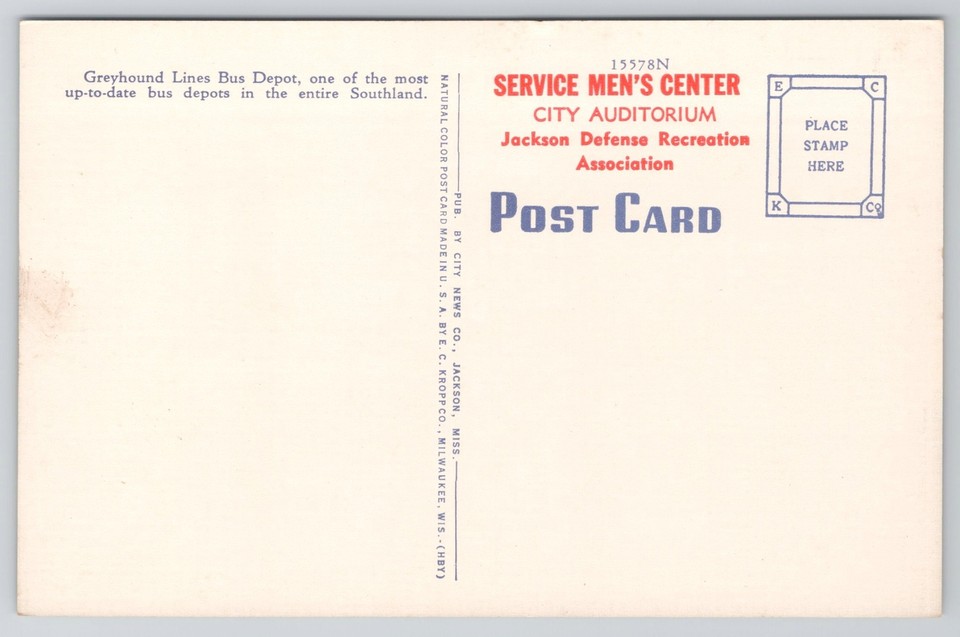 Postcard Greyhound Lines Bus Depot Jackson Mississippi Service Men's ...